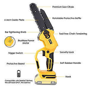 Mellif Mini Chainsaw 6-Inch for Dewalt 20V MAX Battery, Cordless Power Chain Saw with Security Lock, Brushless Handheld Electric Chainsaw for Wood Cutting Tree Trimming (Battery Not Included)
