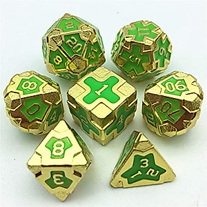 Metal DND Dice Set for Dungeons and Dragons Role Playing Games Tabletop Die (Model B Golden Green Luminous)