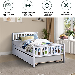 Twin Bed with Pull out Trundle, Modern Pine Wood Platform Bed with Headboard and Footboard, Trundle Bed Frame for Bedroom, Small Living Space, Boys, Girls, Adults, No Box Spring Needed, White