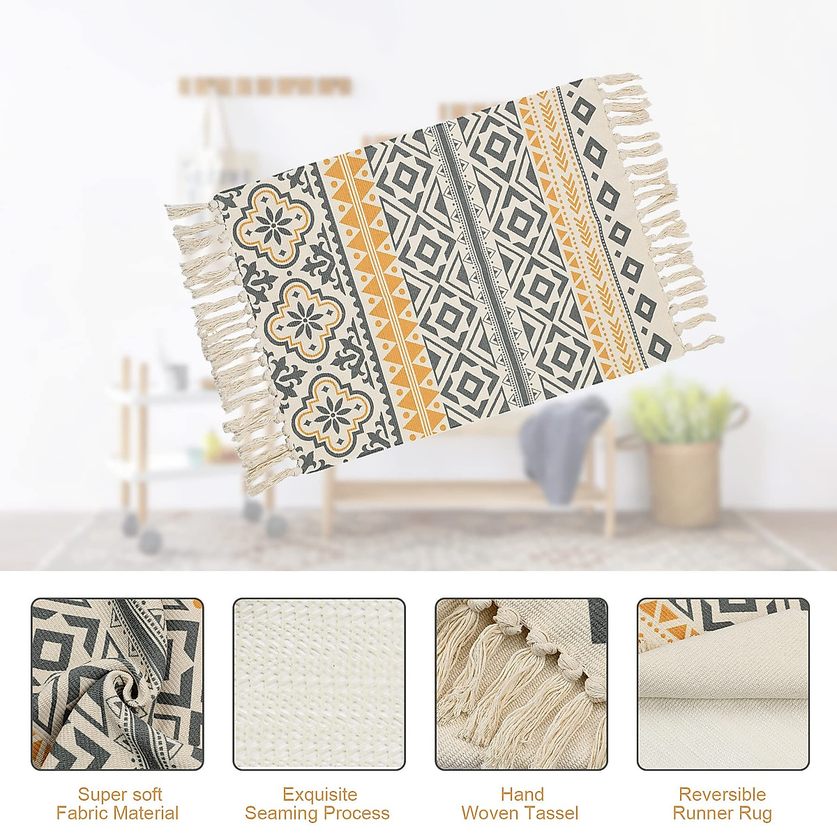 Boho Runner Rugs with Tassels 2'x3' Woven Washable Cotton Area Rug Vintage Printed Bohemian Throw Rug with PVC Non-Slip Mat for Entryway Kitchen, Living Room, Bathroom, Laundry Room, Bedroom