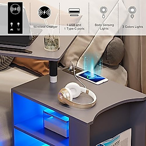 HNEBC LED Nightstand with Wireless Charging Station,Grey Nightstand Has Adjustable Rotary Table,Bedside Tables with One Drawer and 2 Mezzanines/Infrared Induction 3 Color Lighting (On The Right)