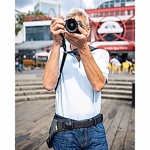 Cotton Carrier Slingbelt with Tether for One Camera. Camera Harness for Hiking and Traveling for Hands-Free Carrying