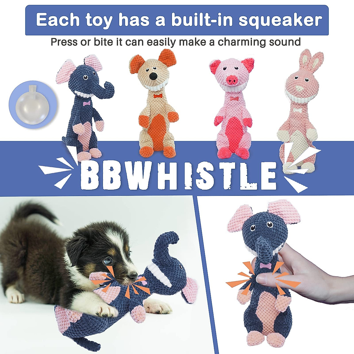 T'CHAQUE Funny Stuffed Dog Squeaky Toy, Soft Puppy Teething Chew Toy Reduce Boredom and Anxiety, Pet Plush Toys with Inner Squeaker, Tug of War Interactive Gift for Small to Large Dog Breed, Elephant