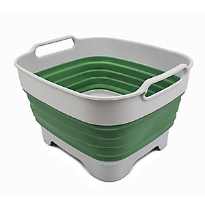 SAMMART 9L Collapsible Dishpan with Draining Plug - Foldable Washing Basin - Portable Dish Washing Tub - Space Saving Kitchen Storage Tray (Grey/Dark Sea Green, 1)