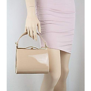 Girly HandBags Glossy Patent Faux Leather Clutch Bag Handle Closure Evening Handbag Nude
