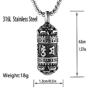 STWTR Tibetan Buddhist Meditation Stainless Steel Pendant Memorial Cremation Ash Pill Container Necklace Men's Ladies Comes with 23.6" Chain