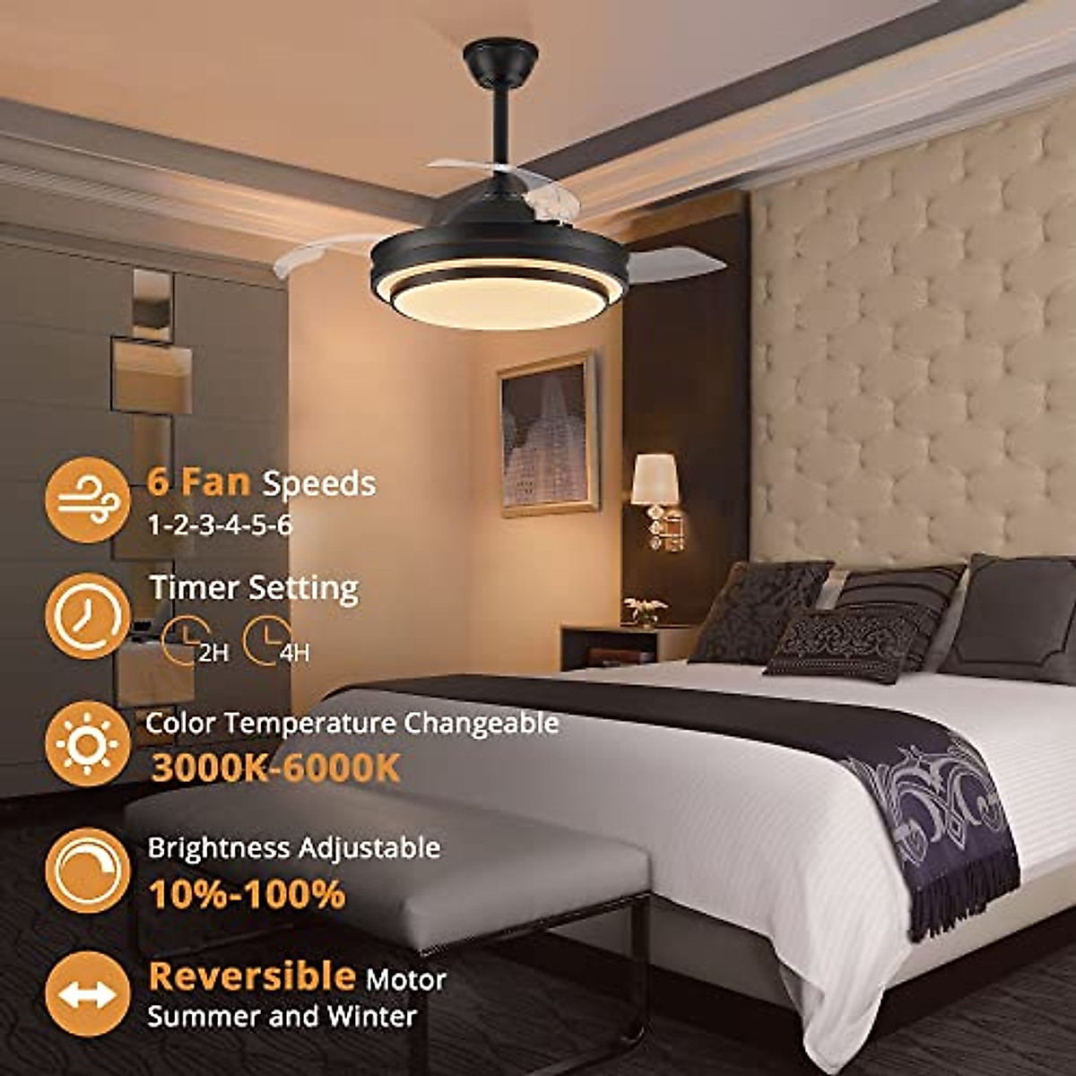 LEDIARY 42 Inch Retractable Ceiling Fans with Lights and Remote, Bladeless Ceiling Fans with LED Lighting, Smart Modern Ceiling Fan, Stepless Color Changeable, Dimmable, Timer Setting - Black