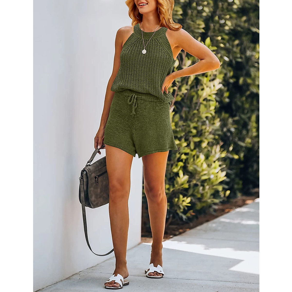 Ybenlow Womens Two Piece Outfits Summer High Neck Sleeveless Knit Sweater Tank Tops with Drawstring Beach Shorts Sets