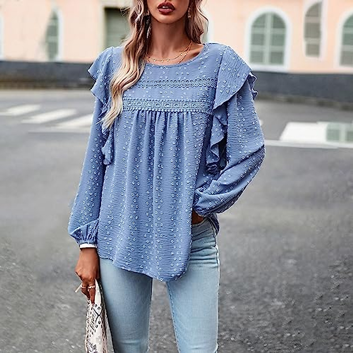 Orders Placed by me Womens Tops Dressy Casual Solid Color Long Sleeve Round Neck Blouses Swiss Dot Flowy Pleated Stylish Shirts Blue M
