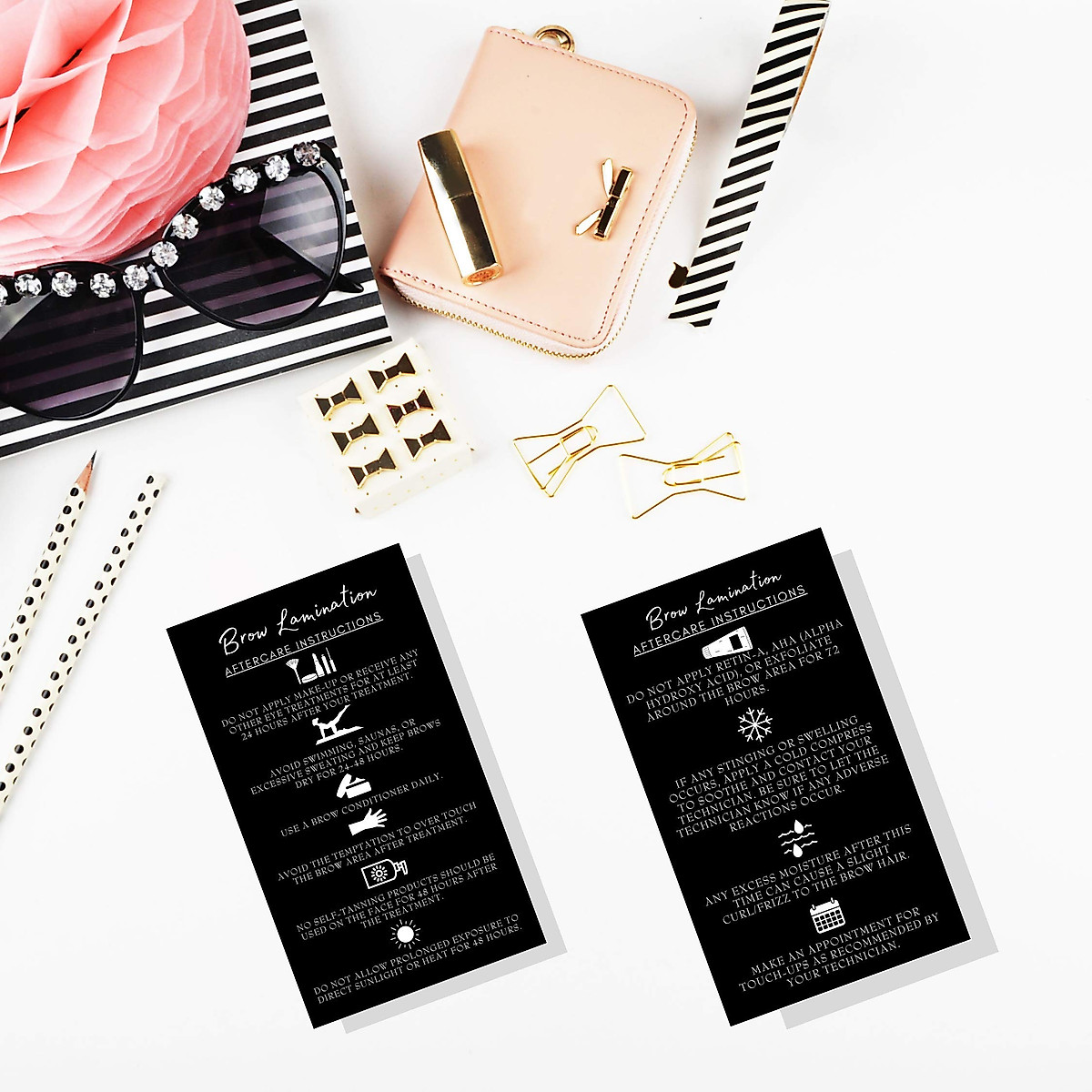 Brow Lamination Aftercare Instruction Cards | 50 Pack | 2x3.5” inches Business Card Size | Starter Lift Kit At Home DIY Brow Lift and Tint | Snatched Brows Black with White Icons Design