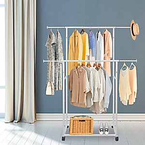 Fishat Simple Standard Double Rod Clothing Metal Garment Rack, Rolling Clothes Organizer on Lockable Wheels (White)