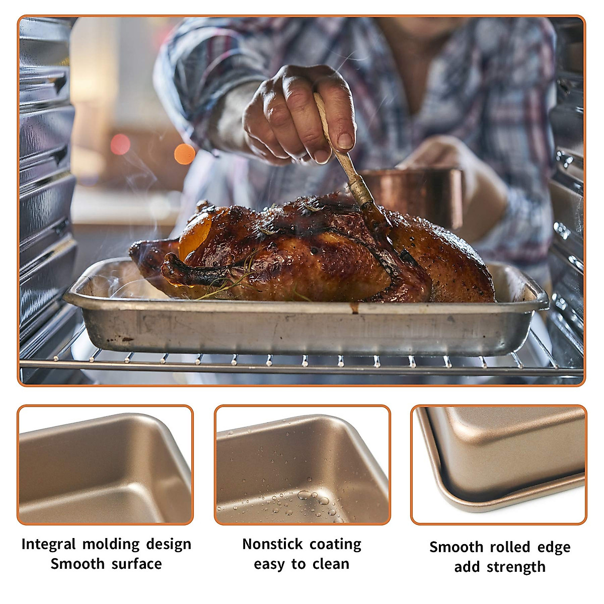 SuperMa 3 Pack Deep Baking Pans Set Nonstick Rectangular Cookie Sheets 9 11 13 Inch Baking Sheets for Baking Bread, Toaster Bakeware Gold