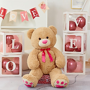 Tezituor Big Teddy Bear Stuffed Animal, Giant Teddy Bear with Pink Love for Girlfriend Boyfriend Kid, Large Stuffed Bear Plush for Valentines Day/Birthday/Baby Shower, 36 inches Tan