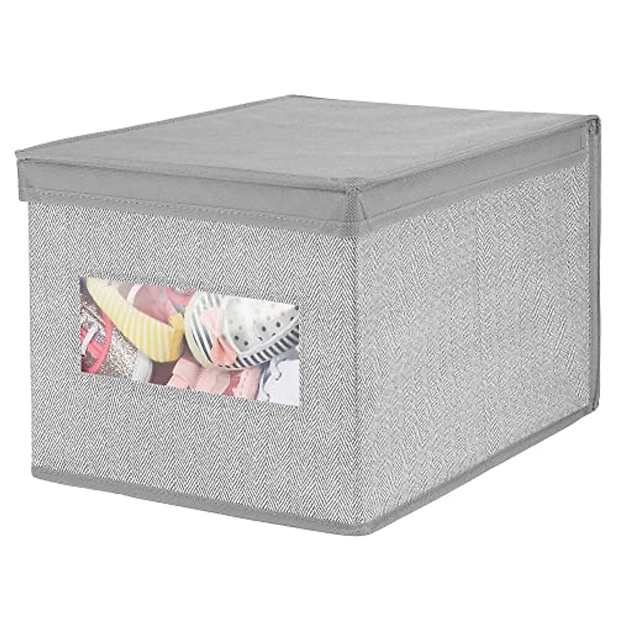 mDesign Large Soft Stackable Fabric Baby Nursery Storage Organizer Holder Bin Box with Front Window/Lid for Child/Kids Bedroom, Playroom, Classroom, Gray Herringbone