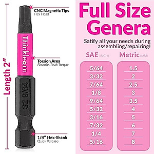 ThinkLearn Pink Hex Head Allen Wrench Drill Bit Set 20pcs (Metric&SAE), 1/4” Hex-Shank S2 Steel Hex Bits Set with Quick-Change Adapter, Perfect for Home DIY-Gift for Women, Magnetic Tips