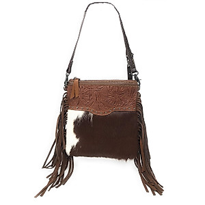 Western Genuine Tool Leather Cowhide Fur Fringe Womens Crossbody Bag in 3 Colors (Brown)