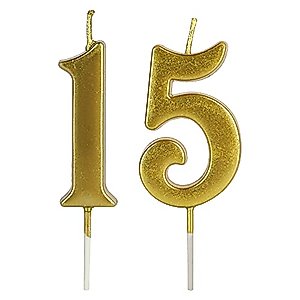 Gold 15th Birthday Candles for Cake, Number 15 1 5 Glitter Candle Party Anniversary Cakes Decoration for Kids Women or Men