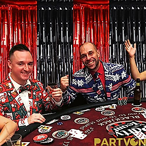 PARTVON Graduation Party Red Black Tinsel Foil Fringe Curtains - Casino Viva Las Vegas Game Night Birthday Photo Backdrops Wedding New Years Eve Party Decorations