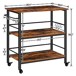 HOOBRO Kitchen Island with Storage,Industrial Kitchen Counter with Hooks and Side Enclosures, 3 Tier Kitchen Cart with Large Workstation, Saving Space, Easy Assembly, Rustic Brown and Black BF03ZD01