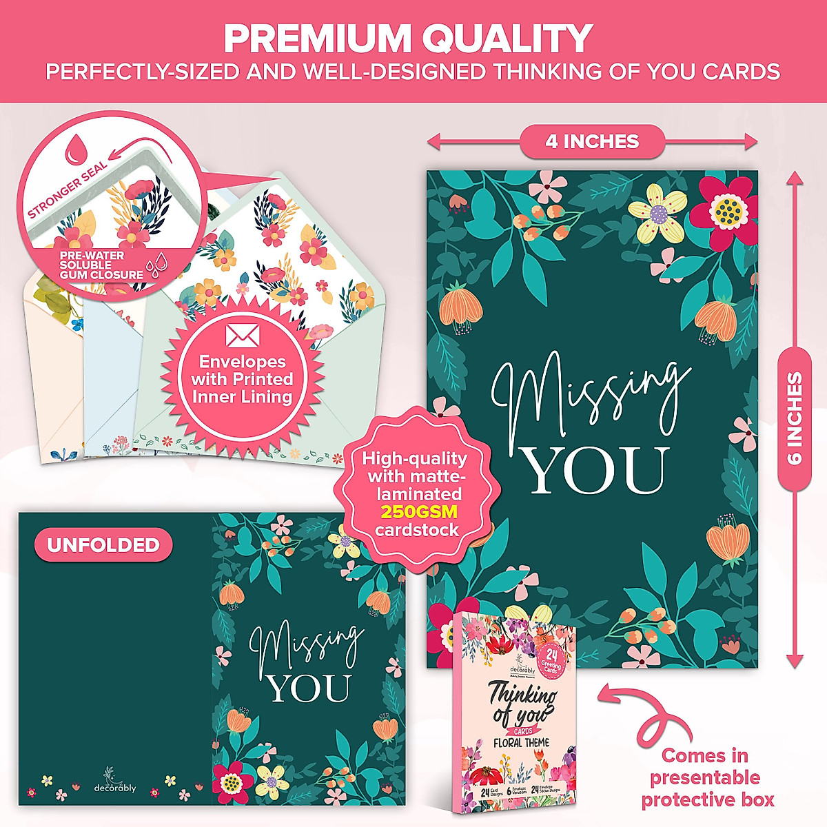 Decorably 24 Pack Floral Thinking of You Cards with Envelopes & Stickers, 24 Unique Designs Printed Message Thinking of You Cards Assortment Box with Envelopes, 6x4in Thinking of You Greeting Cards