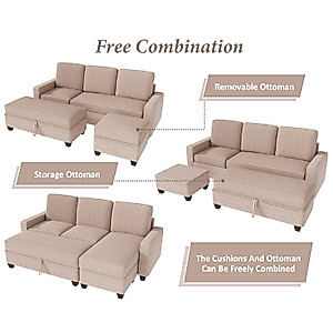 Ucloveria 81" Reversible Couch with Storage Chaise L-Shaped Apartment, Sectional Ottoman,Nailhead Textured Linen Fabric 3 Pieces Sofa Set,Warm Grey