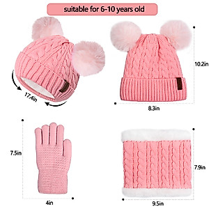 Kids Winter Hats Gloves Scarf Set for Girls Toddler Beanie Baby Neck Warmer Warm Thick Fleece Lining Thermal Pink Knit Cap with Cute Pom Pom for 6-10 Years Old, Gifts for Childrens