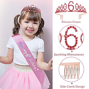 Llivseet 6th Pink Birthday Decorations Girl Includes Birthday Sash and Tiara Crown for Girls,Number Balloon & Candle,Birthday Cake Topper, 6 Year Old Girl Birthday Gifts Ideas Party Favor Supplies