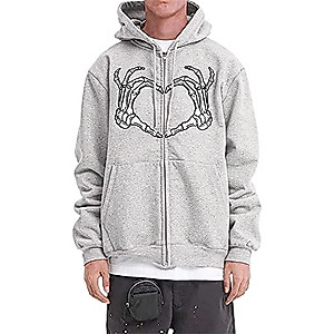 Women Men Oversized Zip Up Sweatshirt Hoodie Jacket Halloween Skeleton Print Coat Aesthetic Streetwear Top Gray
