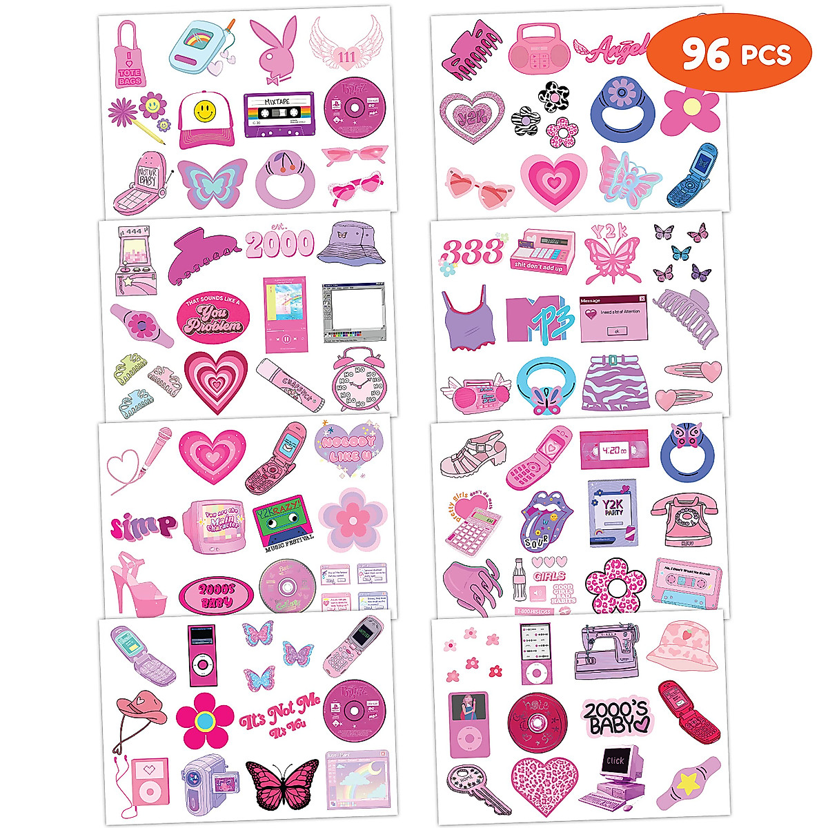 Y2K 2000 Temporary Tattoos for Teen Girls | 96PCS Birthday Party Decorations Supplies Party Favors 00s Pink Cute Gifts Classroom School Prizes Themed Christmas Tattoos Sticker