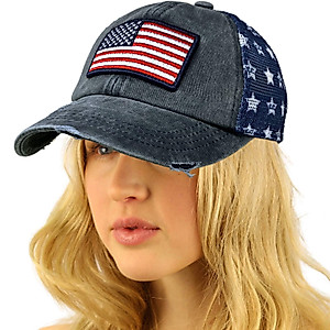 CC Everyday Distressed Trucker Mesh Summer Vented Baseball Sun Cap Hat (Patch American Flag)
