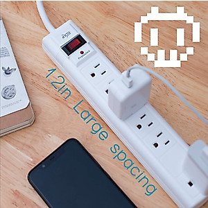 KMC 6-Outlet Surge Protector Power Strip, 2-Pack, 1200 Joules, 6ft Cord, Adapter Spaced Outlet, Overload Protection, White