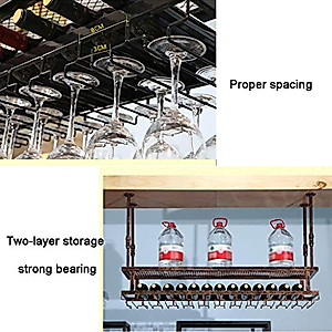 Wine Racks Cafe Hanging with Glass Holder and Shelf, Black Adjustable Metal Ceiling Bar Wine Glass Rack, 2-Layer Industrial Iron Bottle Holder Wine Shelf