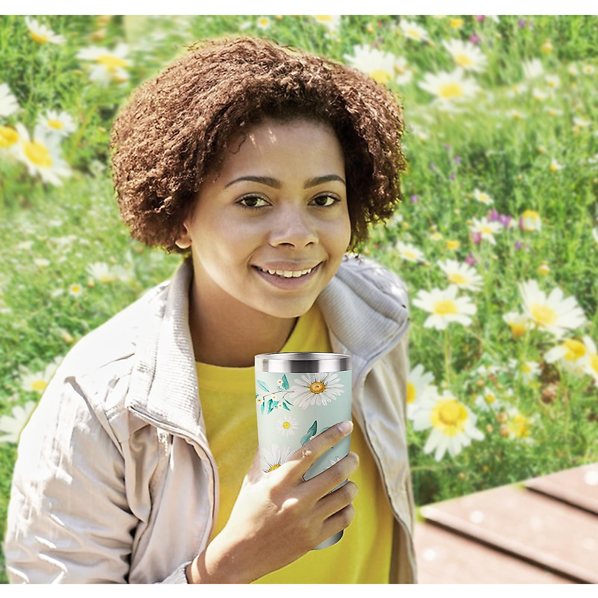 Zzkol Daisy Flowers Tumbler with Lid and Straw, Floral Stainless Steel Travel Coffee Cup, Birthday Mug Gifts for Women Daisy Lovers, 20oz Double Wall Vacuum Insulated Tumbler