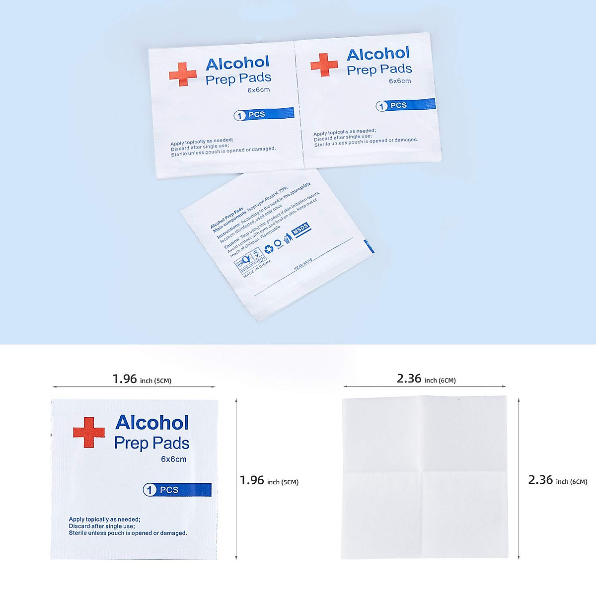 Alcohol Prep Pads, 75% Alcohol Cotton Slices, 100 Pcs Alcohol Gauze Pads Individually Wrapped Swap Pad Wet Wipe, 6 x 6cm/2.36in x 2.36in