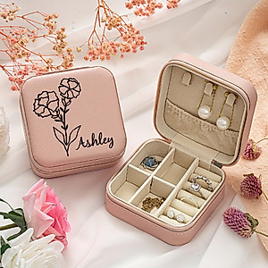 Custom Birthday Flower Jewelry Storage Box, Birth Month Flower Gift Box, Birthday Gift For Women, Leather Jewelry Storage Box Display Box