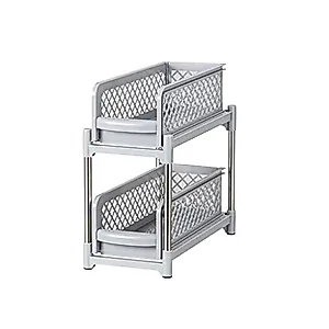CHDHALTD Stainless Steel Sliding Cabinet Basket, Kitchen Organizer Under Sink Drawer Mesh Storage Rack with Pull for Bathroom Desktop Shelf(Grey)