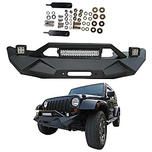 SCITOO Rront Bumper and Rear Bumper w/Tire Carrier Textured Black fit for 2007-2018 for Jeep Wrangler JK Rock Crawler Bumper w/Winch Plate with D-ring & LED Strip Light and LED Lights