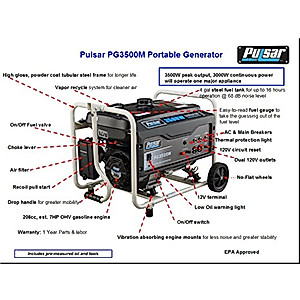 Pulsar 3,500W Portable Gas-Powered Generator with Mobility Kit PG3500M, 3500W, Black & White