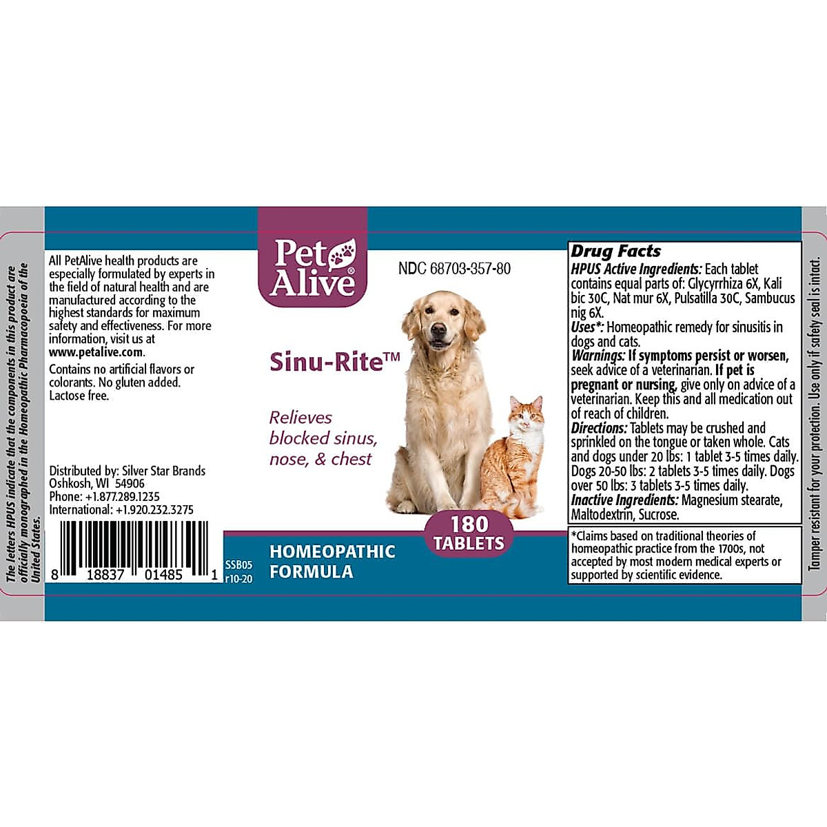 PetAlive Sinu-Rite - Natural Homeopathic Formula for Allergy-Related Congestion and Acute Sinusitis in Dogs and Cats - 180 Tablets