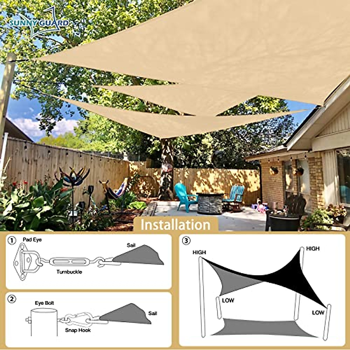 SUNNY GUARD Sun Shade Sail 20'x20' Rectangle UV Block Sunshade for Backyard Yard Deck Patio Garden Outdoor Activities and Facility,Sand