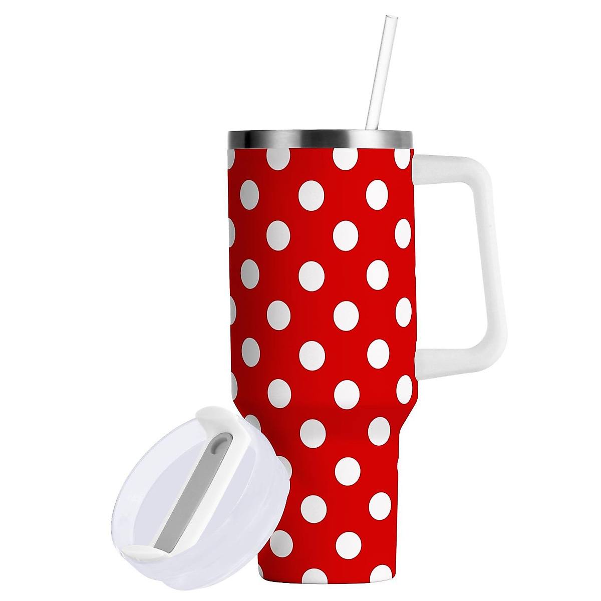 Polka Dot Red Stainless Steel Vacuum Insulated Tumbler with Handle and Straw Lid for Water, Insulated Tumbler 40 OZ / 1.18 L