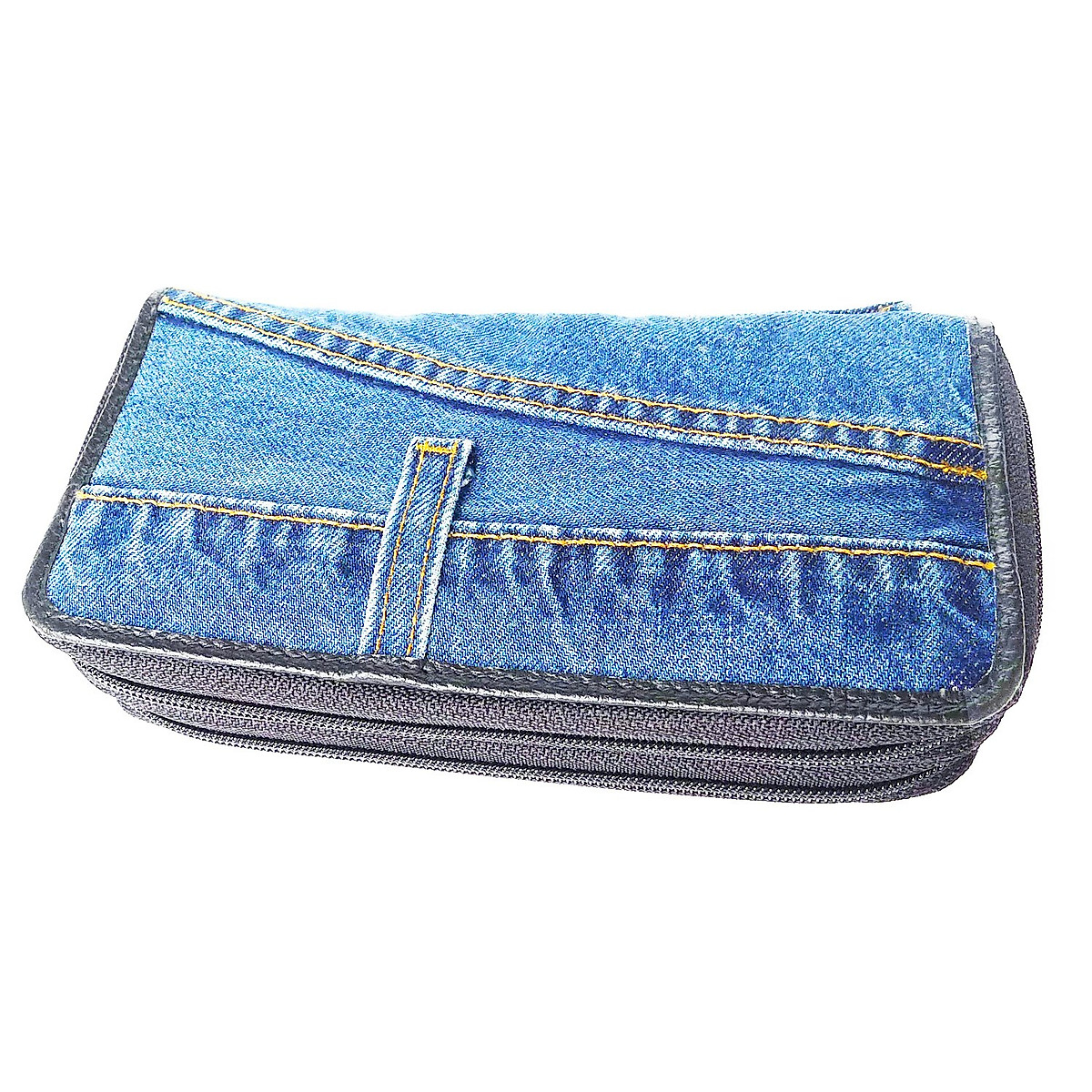 Bijoux de Ja Women Blue Denim Money Double Zipper Around Accordion Wallet Wristlet Purse Clutch DMW015