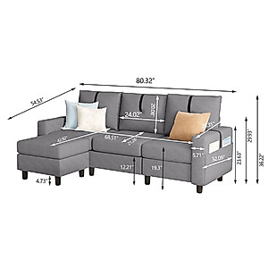 Tornama 80" L Shaped Sectional Sofas 3 Seater Couch with Reversible Ottoman Modern Linen Fabric Small Sectional Couch for Living Room, Apartment, Small Space, Light Grey