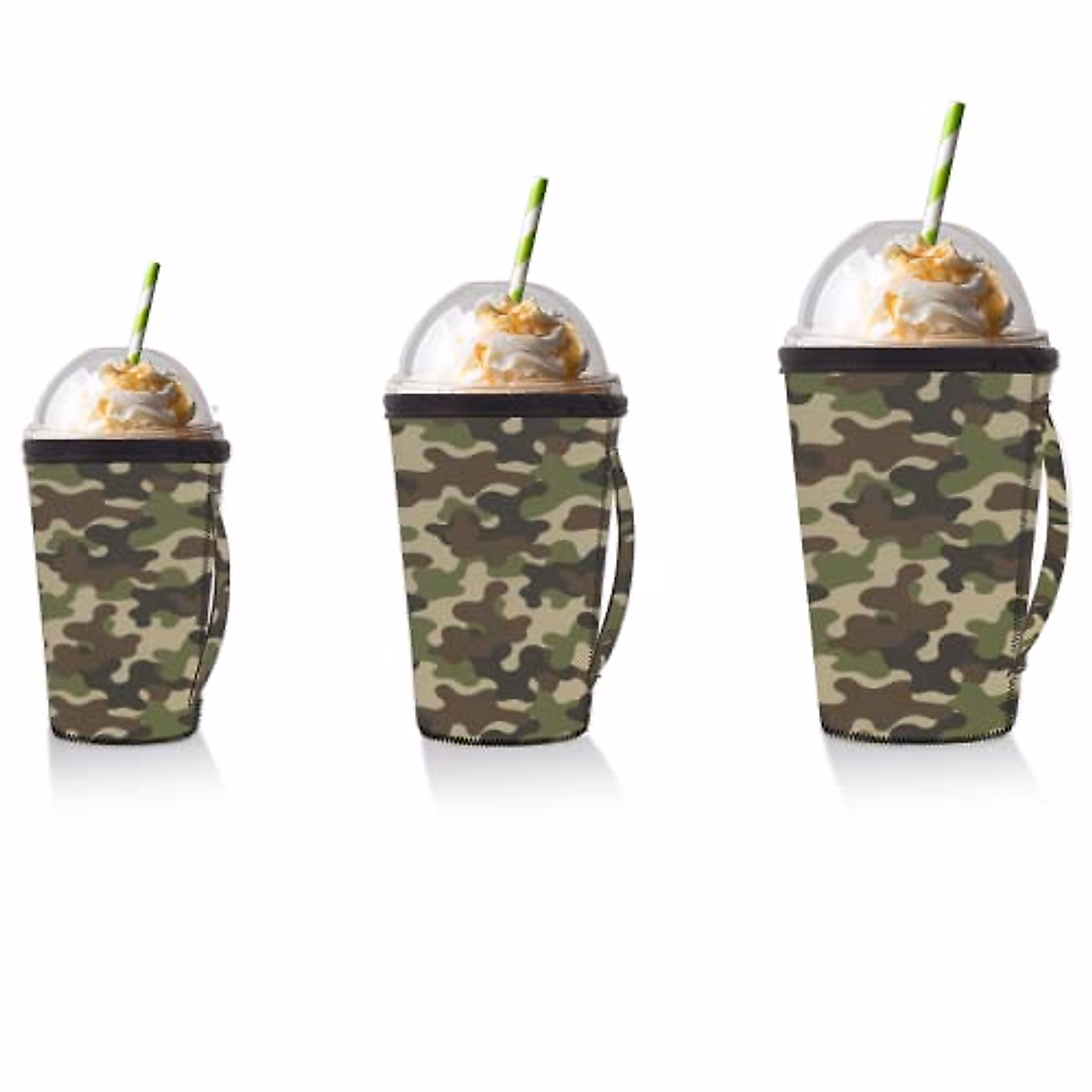 Green Camouflage Camo Ice Iced Coffee Sleeve with Handle Reusable Cup Cover Neoprene Coffee Sleeves Insulator Cup Sleeve Holder for Summer Cold Drinks Coffee Beverages Size L for 30-32 oz