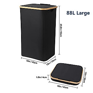 ACECHA 88L Bamboo Laundry Hamper with Lid, Collapsible Large Baskets with Lids | Handle, Water-proof Dirty Clothes Basket for Bedroom, Bathroom (Black)