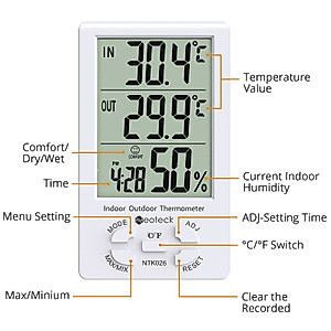 Neoteck 3 in 1 Thermometer Hygrometer with Clock Large LCD Display, Digital Humidity Temperature Meter 1.5m Sensor Wire for Indoor Outdoor Use