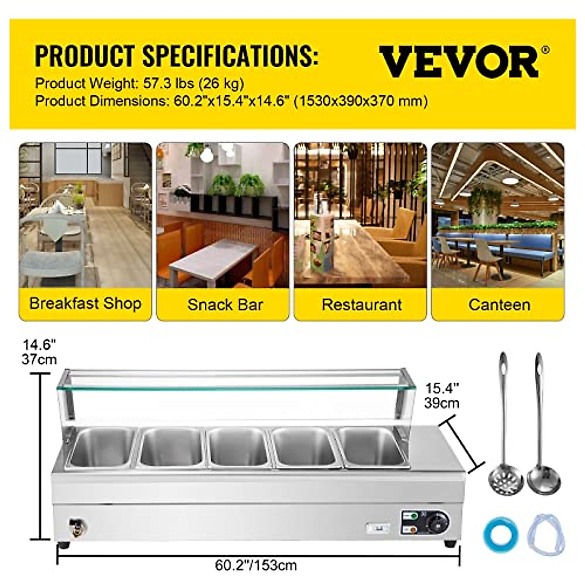 VEVOR Commercial Food Warmer, 5 x 1/2 Pans, 44 Qt Electric Bain Marie with 6" Deep Pans, Stainless Steel Steam Table with Tempered Glass Shield, 1500W Countertop Buffet Warmer with Lids & Ladles, 110V
