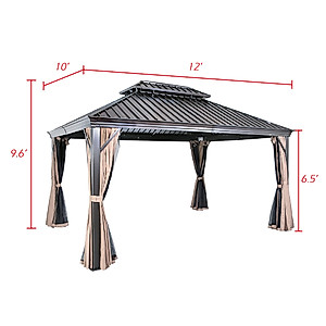 Patio Tree 10' x 12' Patio Gazebo Non-Rust Aluminum Outdoor Hardtop Permanent Pergola Shelter Tent with Galvanized Steel Canopy Roof, Mosquito Netting and Privacy Curtain