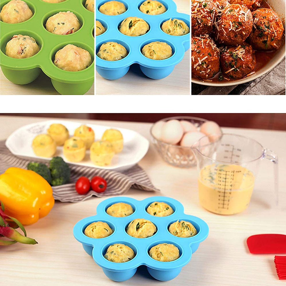 Silicone Egg Bites Molds with Lid for Instant Pot, 2 Packs (For 3qt (6.3"x6.3"x1.6"), Blue+Green)
