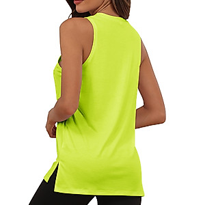 Smile Fish Women's Crew Neck Loose Fit Flowy Tank Top Basic Cotton Sleeveless Shirt Pocket Neon Green,XL